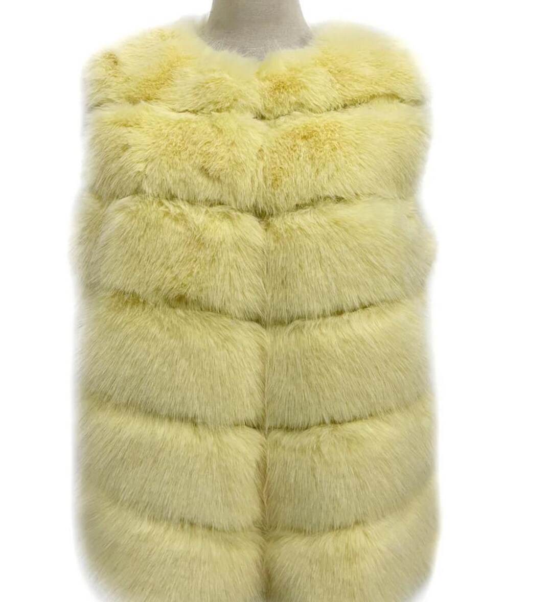 Lemon Yellow Stripe Rectangular Faux Fur Gilet Waistcoat Vest by Kuati ...
