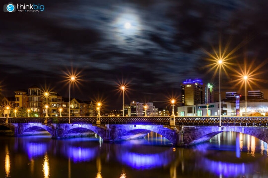 Belfast Cityscape - Queens Bridge - Ireland - Night City Moon ...