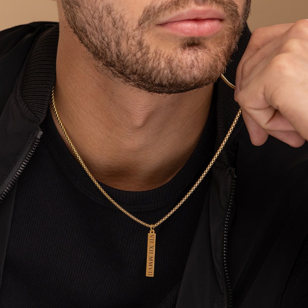 Custom Men's Bar Pendant Necklace, Personalized Men's Gold Necklace ...