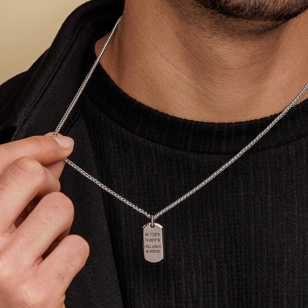 Personalize Engraved Silver Disc Necklace for Men, Roman Numeral ...