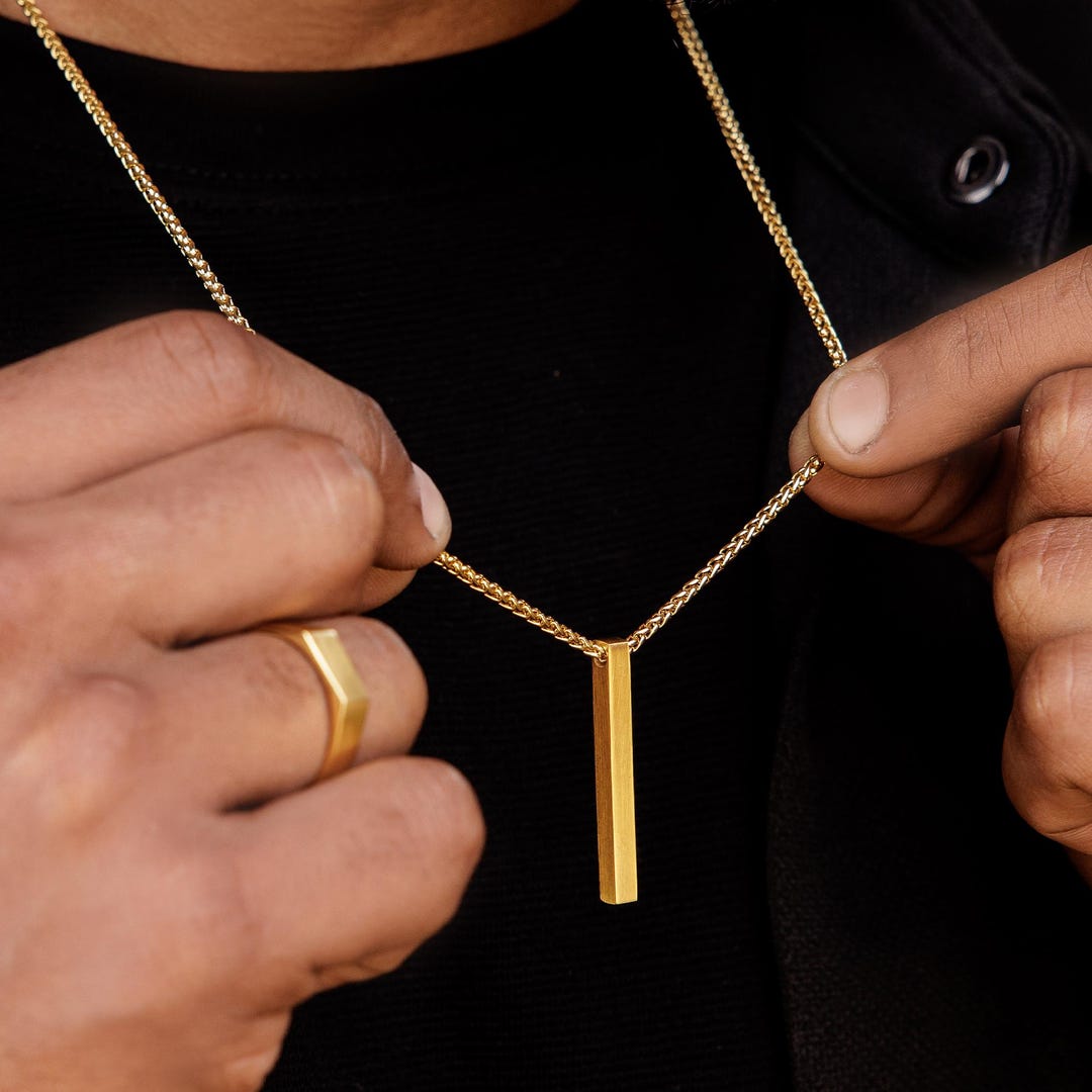 Men's Silver Bar Pendant Necklace, Stainless Steel Jewelry, Modern Men ...