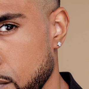 Classic Men's Earrings, Silver Square Stud Earrings for Men, Simple CZ Earrings, Men's Jewelry ...