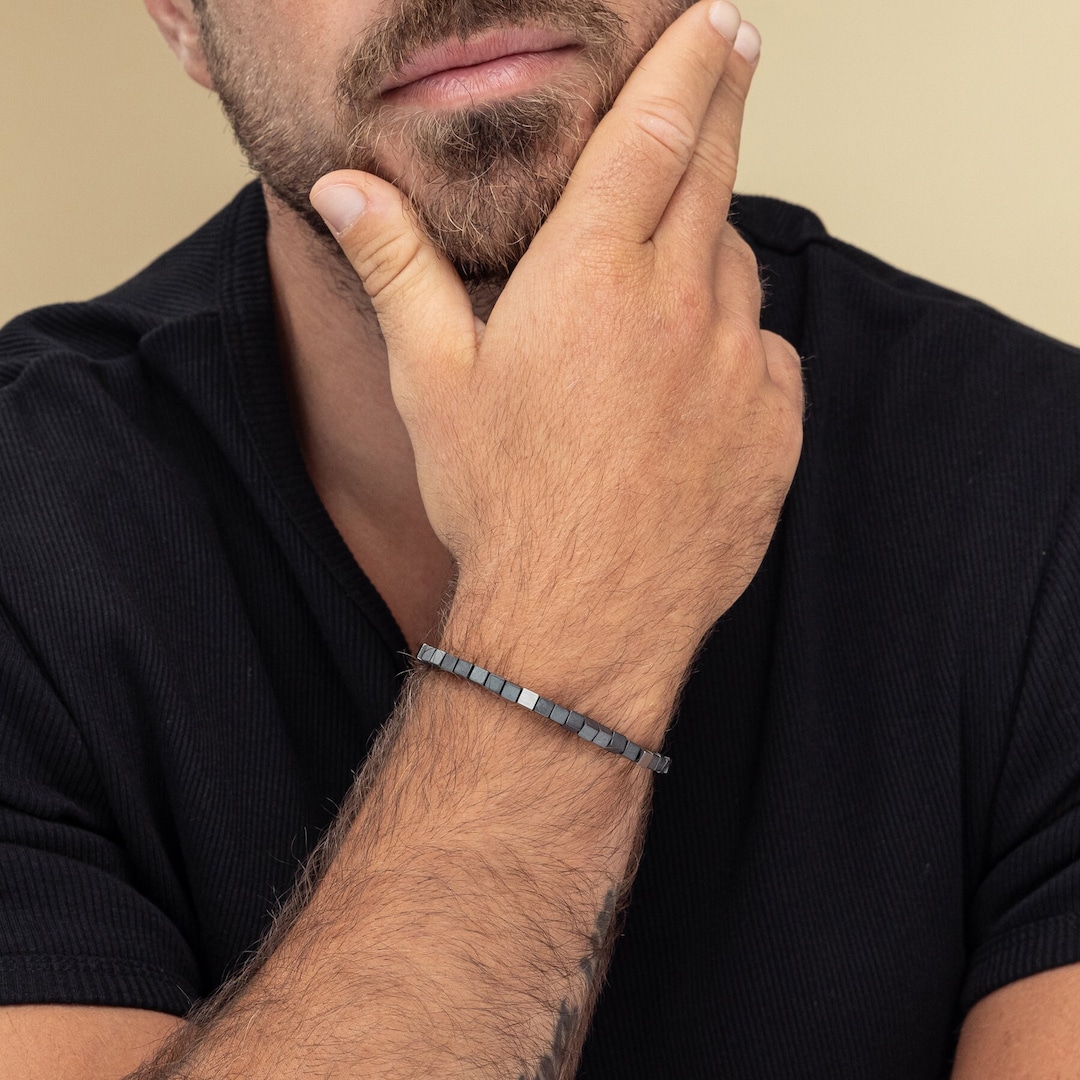 Men's Beaded Bracelet, Black Hematite Gemstone Bracelet for Men, Square ...