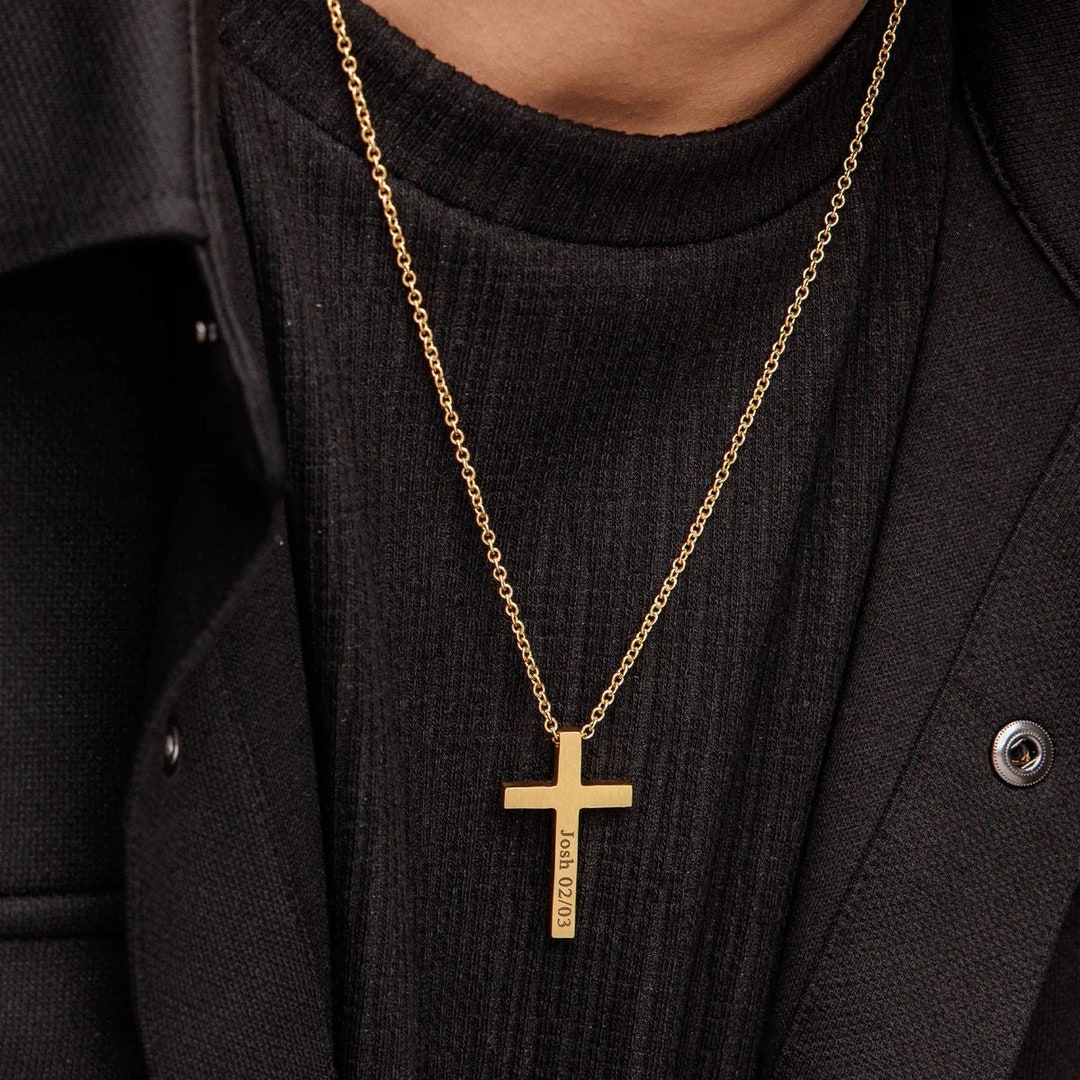 Custom Men's Gold Cross Necklace, Personalized Christian Catholic Gift ...