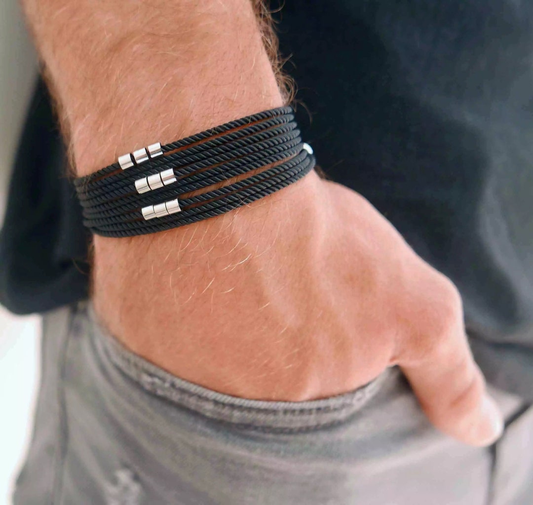 Men's Beaded Bracelet, Men's Black Bracelet, Simple Thick Bracelet ...