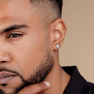 Classic Men's Earrings, Silver Square Stud Earrings for Men, Simple CZ Earrings, Men's Jewelry ...