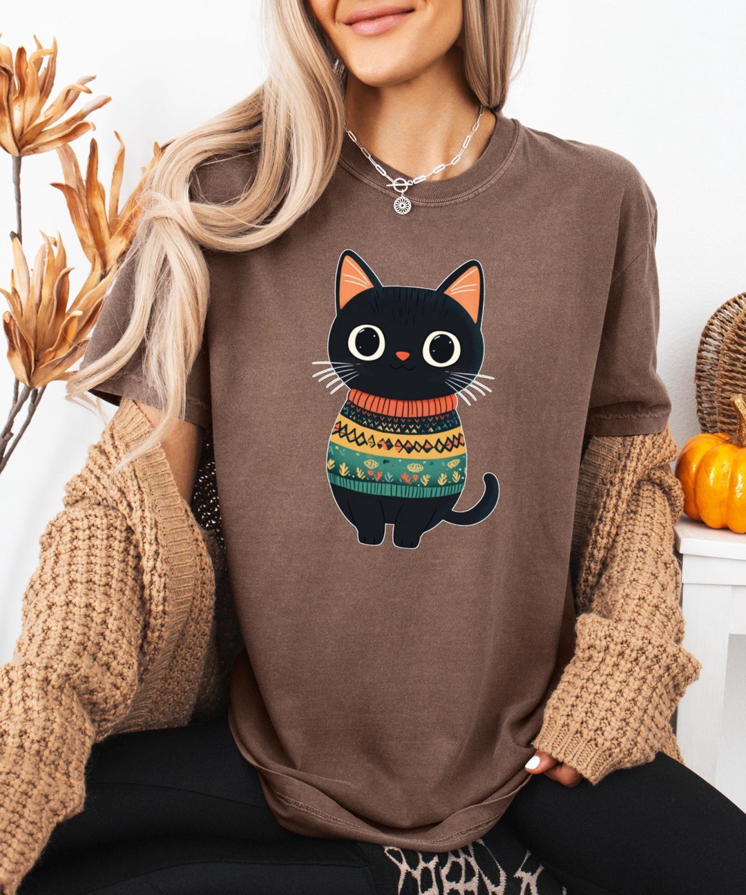 Black Cat in Sweater Shirt, Cute Cat Wearing Sweater, Cat Lover Tee ...