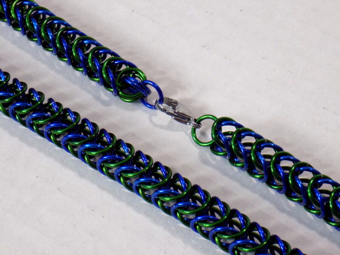 Handmade Blue and Green Boxchain Chainmaille Necklace, Nickel Free ...
