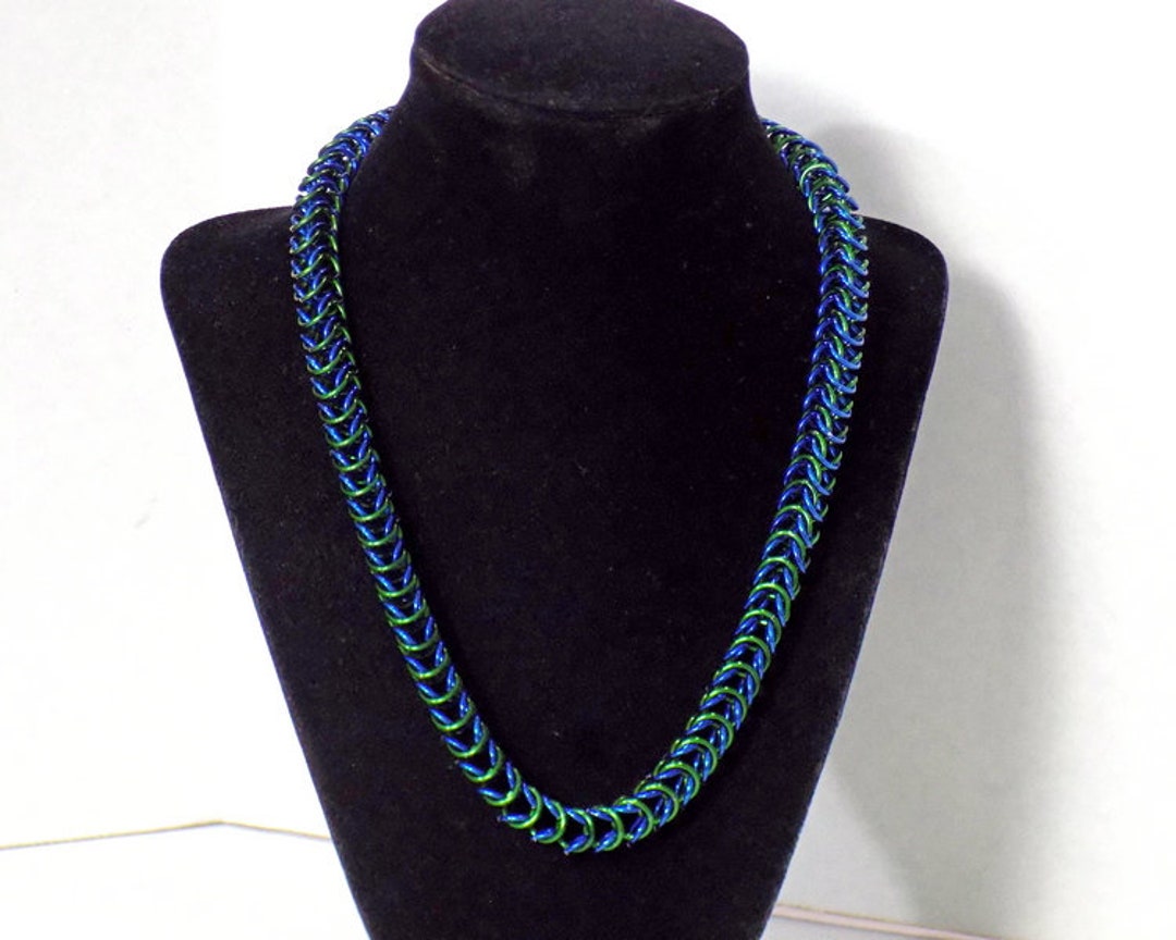 Handmade Blue and Green Boxchain Chainmaille Necklace, Nickel Free ...