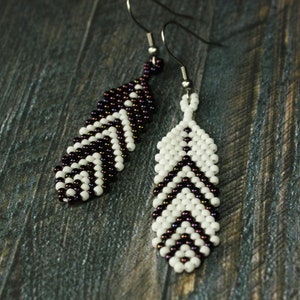 Small seed bead earrings Feather earrings Native Indian White | Etsy