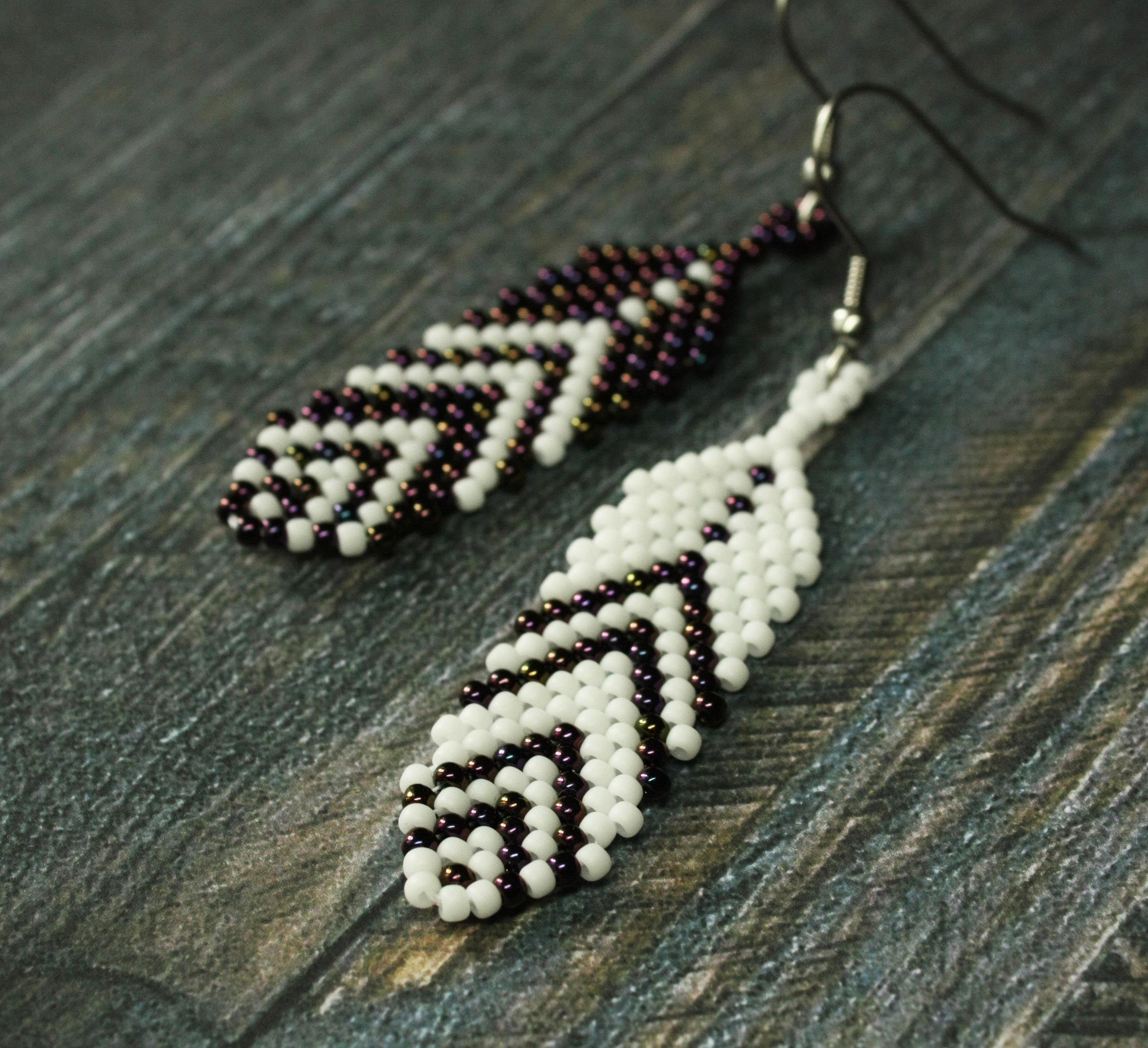 Small Seed Bead Earrings Feather Earrings Native Indian White and Black ...