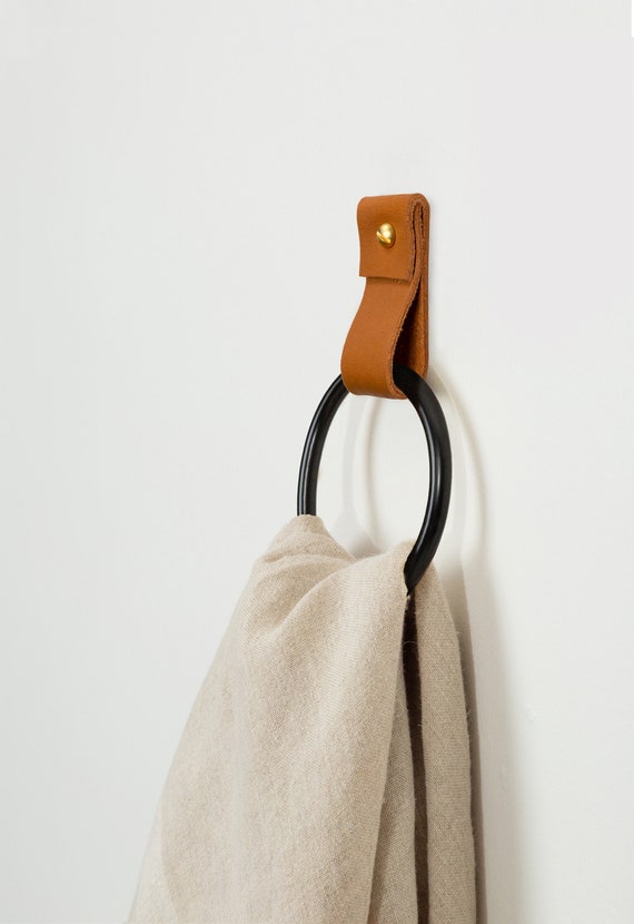 Small Leather Strap With Dark Towel Ring Minimalist Hanger for | Etsy