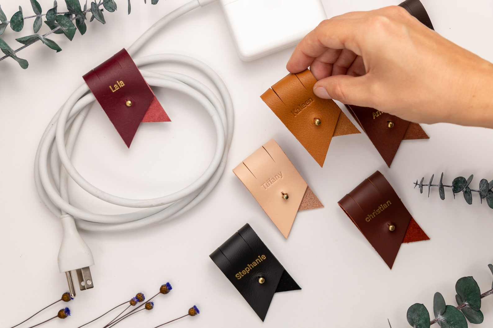 Large Custom Leather Cable Organizer Cord Keeper Monogram - Etsy