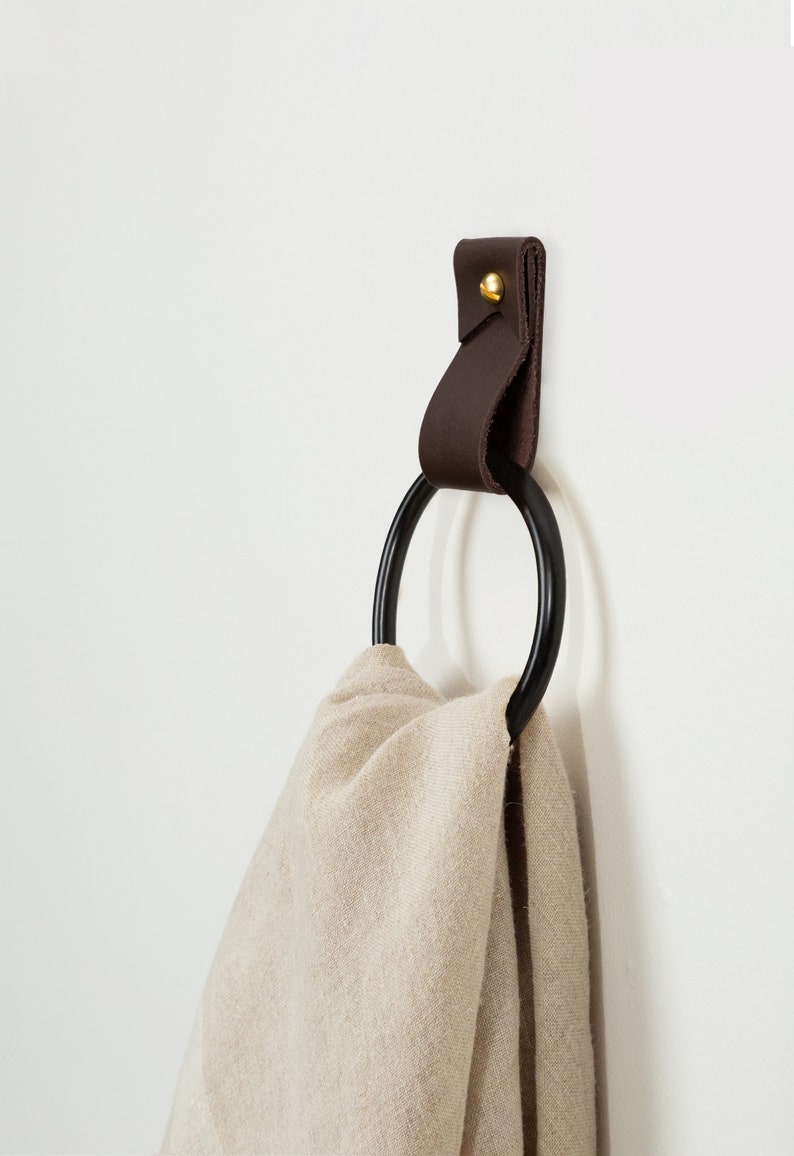 Small Minimalist Leather + Matte Black Wall Hanging Strap Towel Hook ...