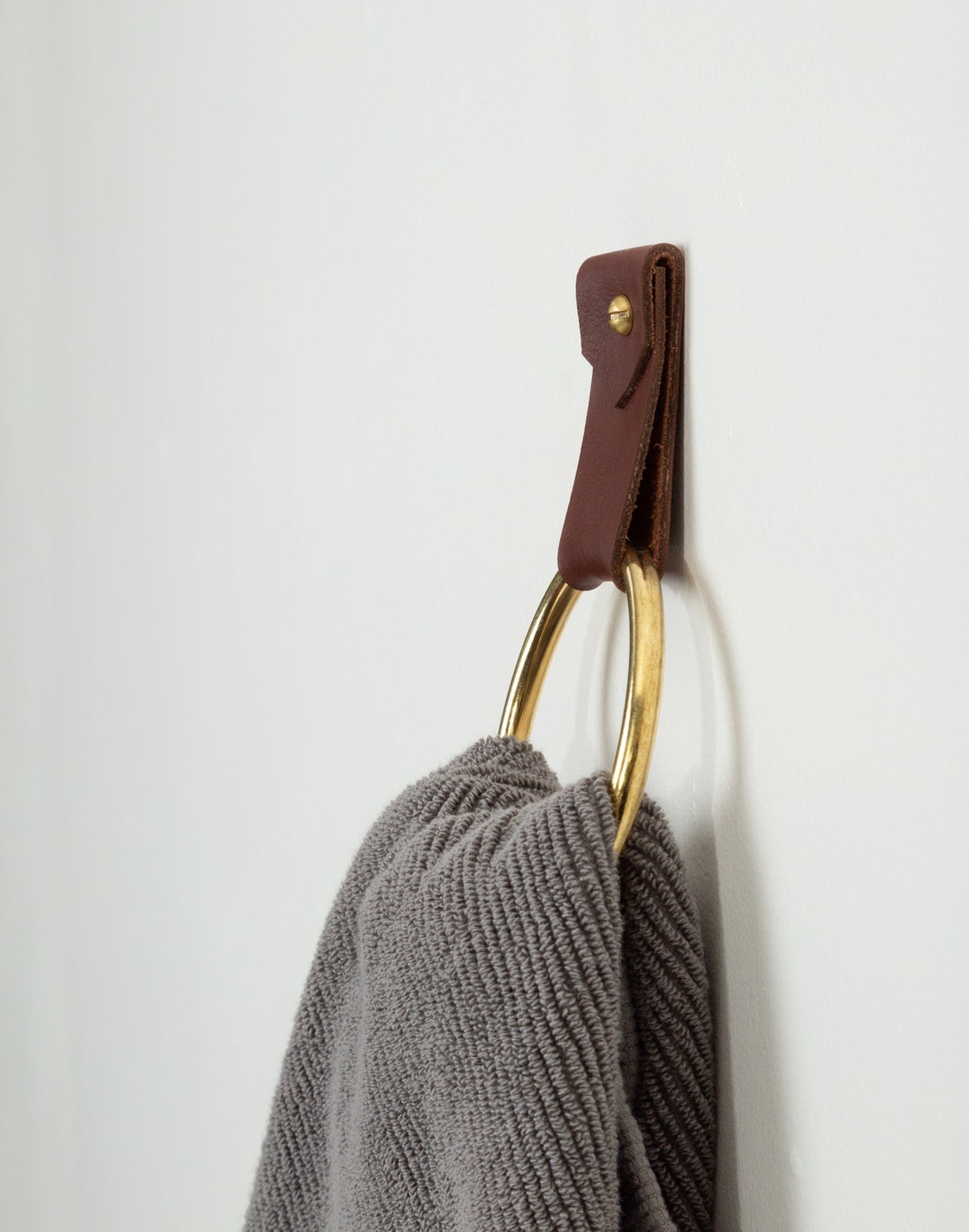 Hand Towel Holder Ring Leather & Brass Small Gold Modern Towel Hook ...