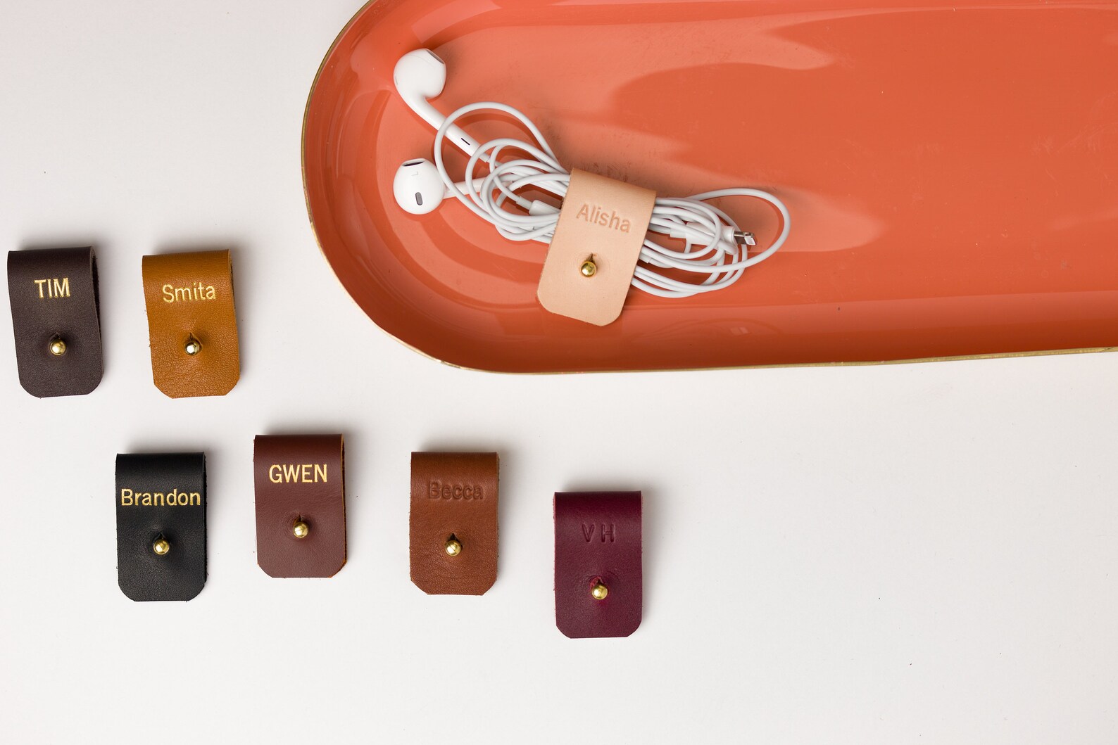 Round End Customizable Leather Cord Keeper Earbud Holder Personalized 3 ...