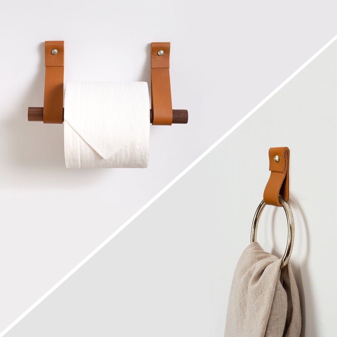 Small Bathroom 2 Piece Fixture Set Leather & Wood Toilet Paper Roll ...