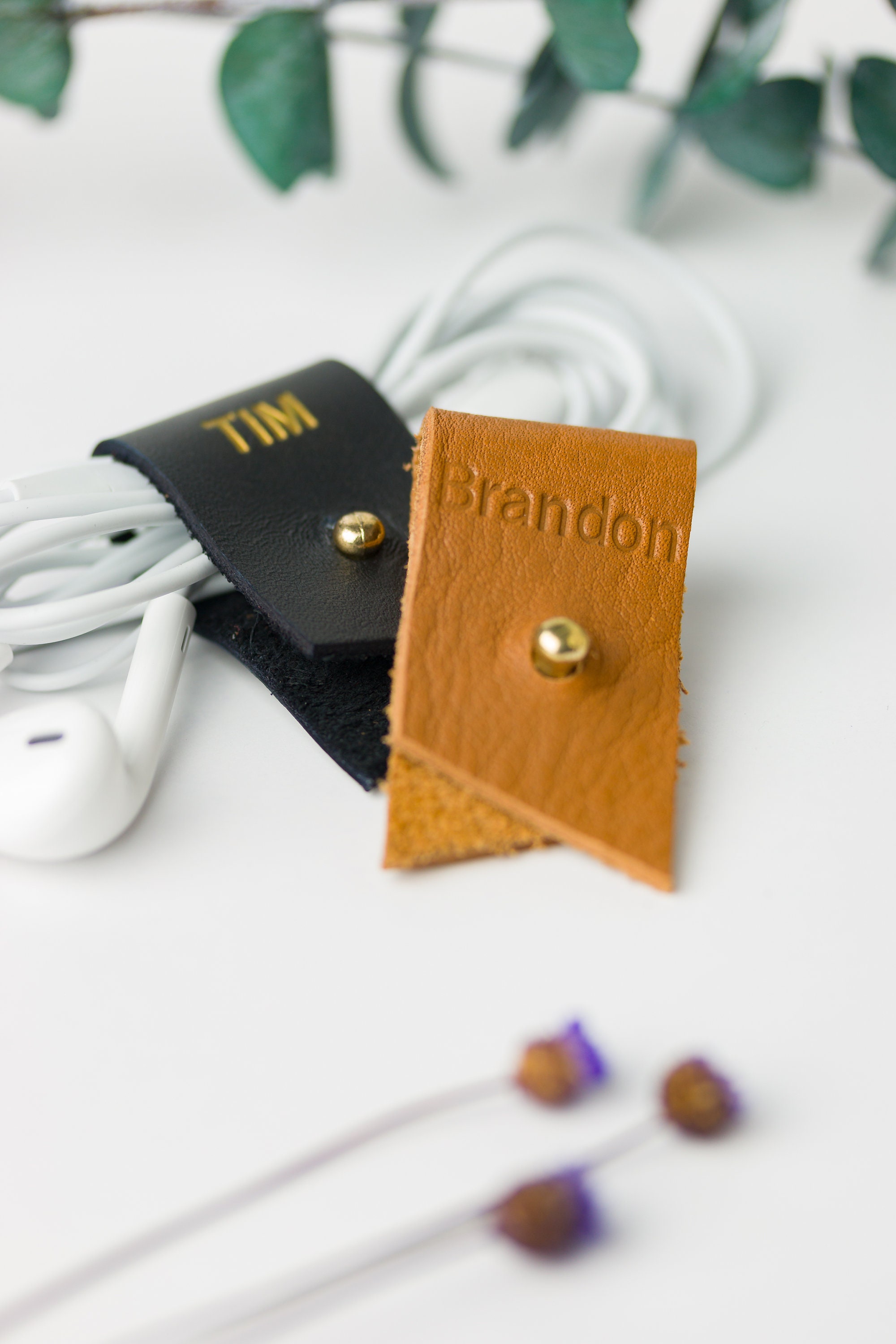 Customizable Leather cord keeper earbud holder personalized 3 | Etsy