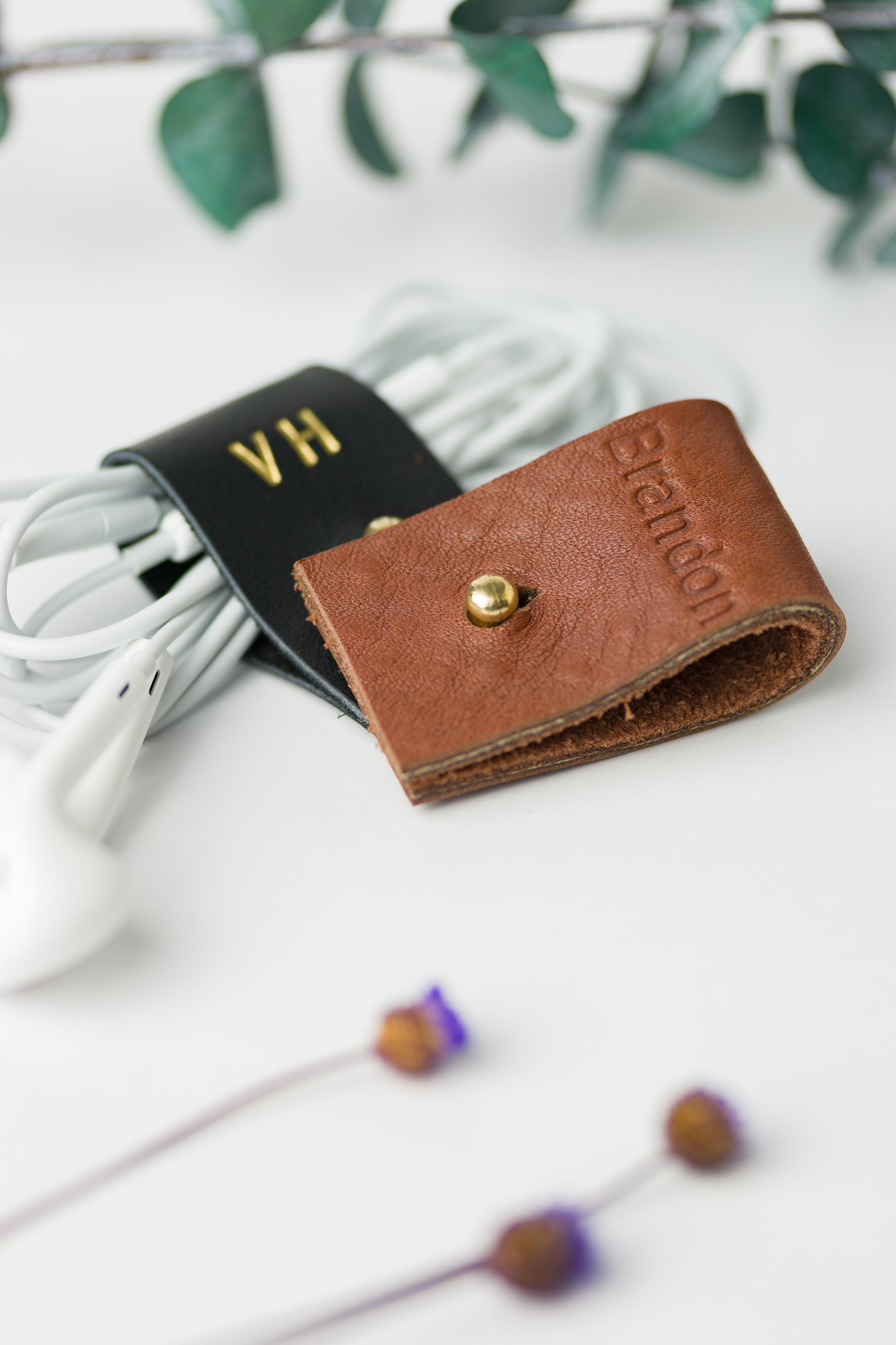 Leather cord keeper set personalized leather cord holder | Etsy