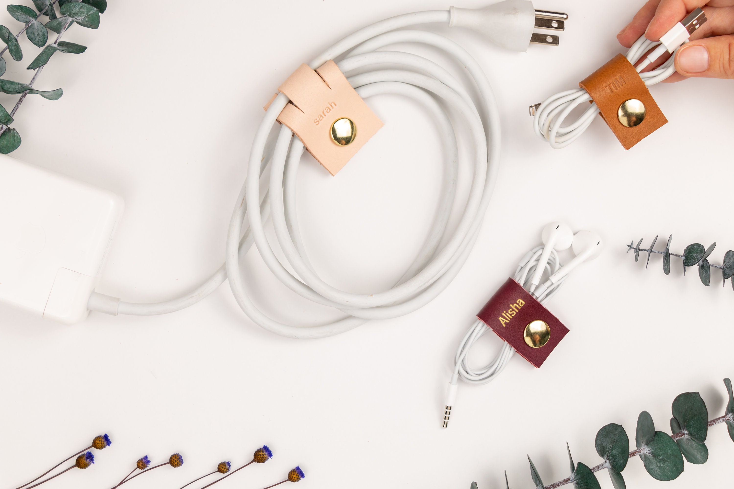 Leather Cord Keeper Set Personalized Leather Cord Holder | Etsy