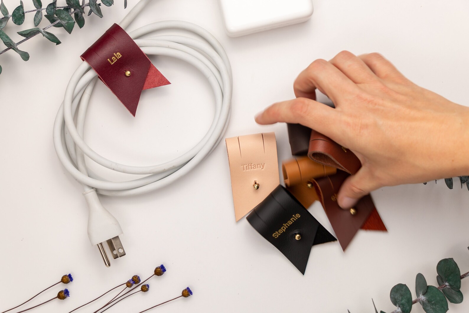 Large Custom Leather Cable Organizer Cord Keeper Monogram Cable Ties ...
