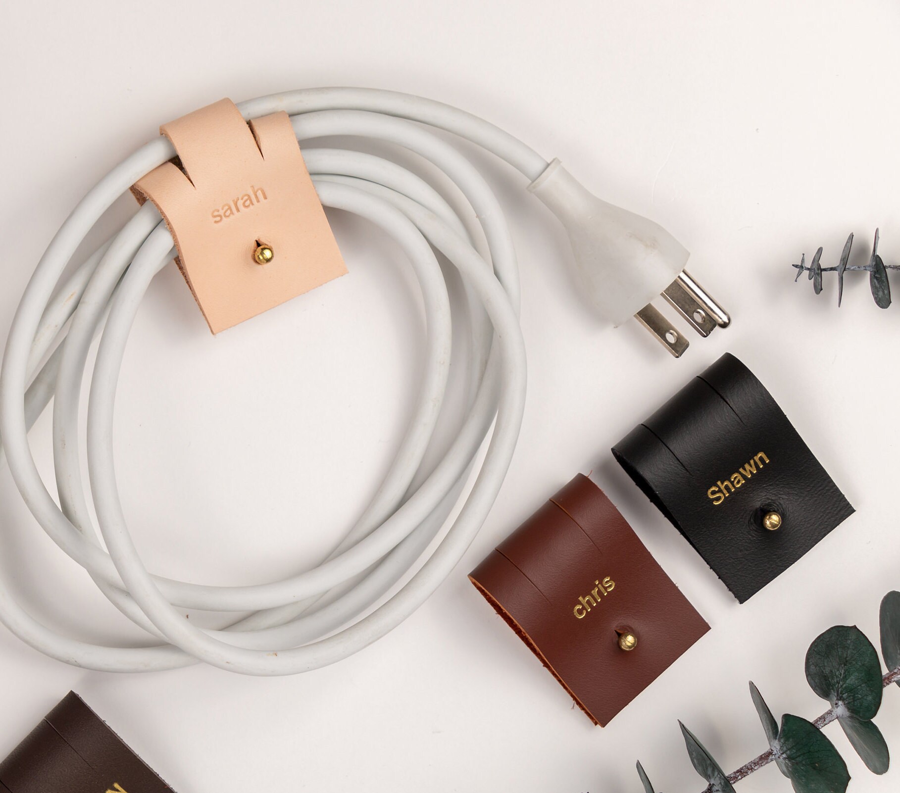 Large custom leather cable organizer cord keeper monogram | Etsy