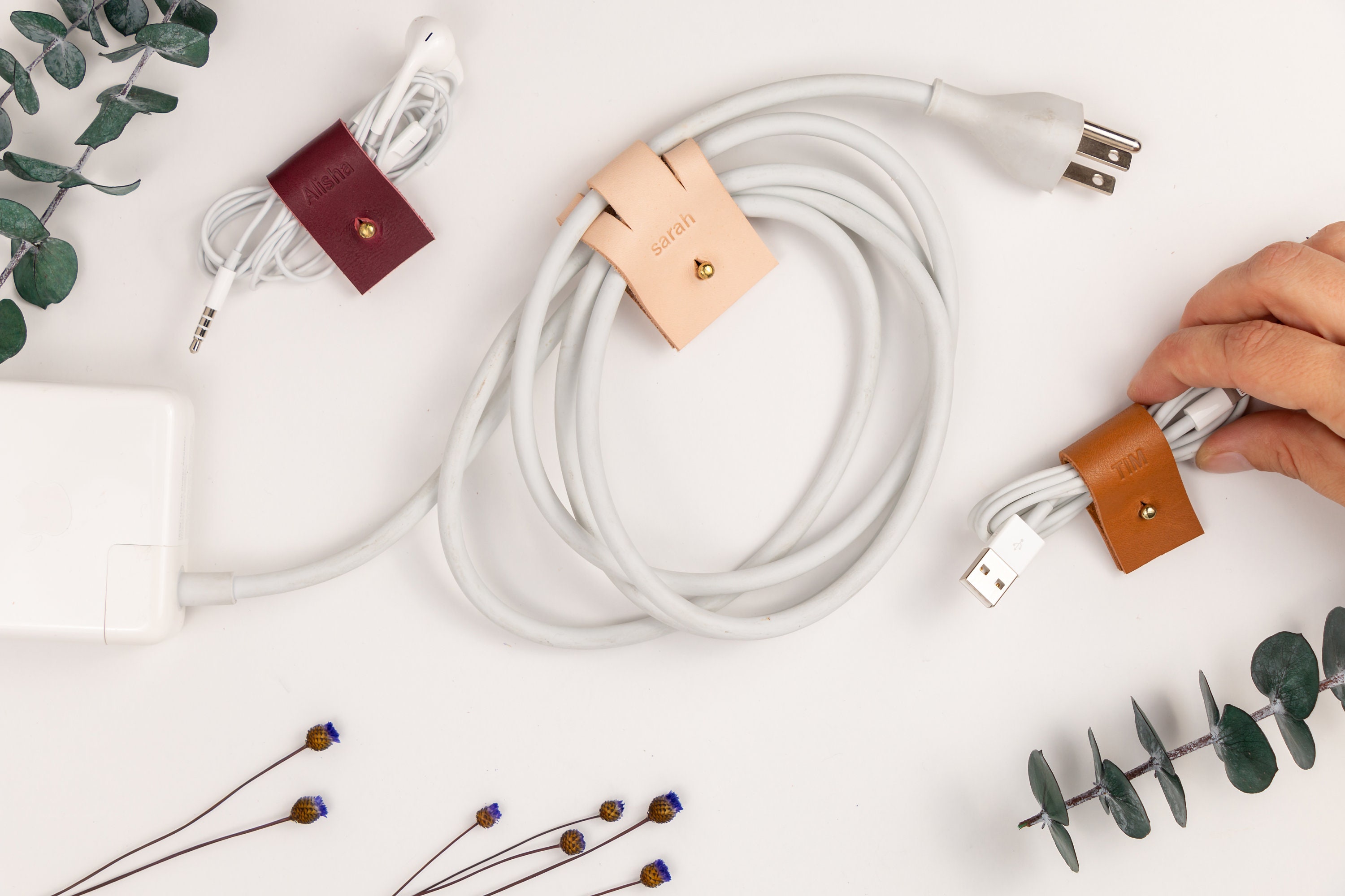 Leather Cord Keeper Set Personalized Leather Cord Holder Monogram ...