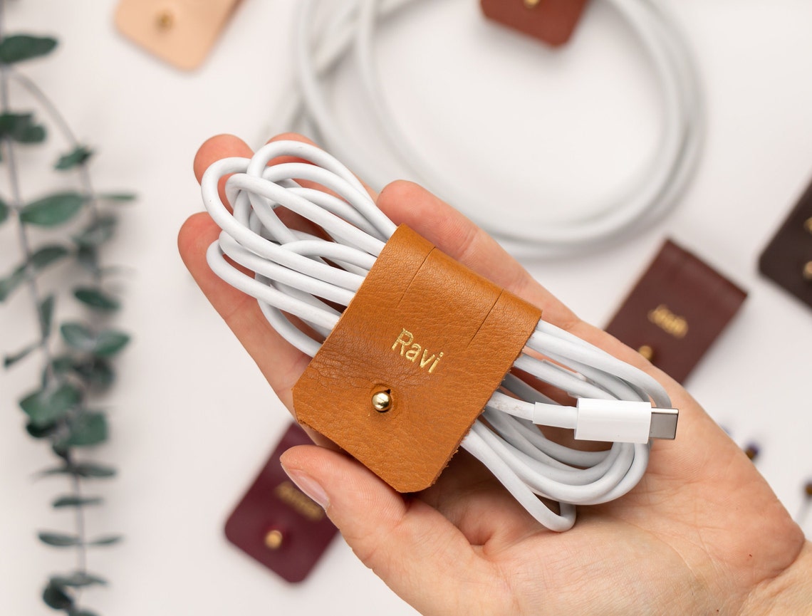 Leather cord keeper set personalized leather cord holder | Etsy