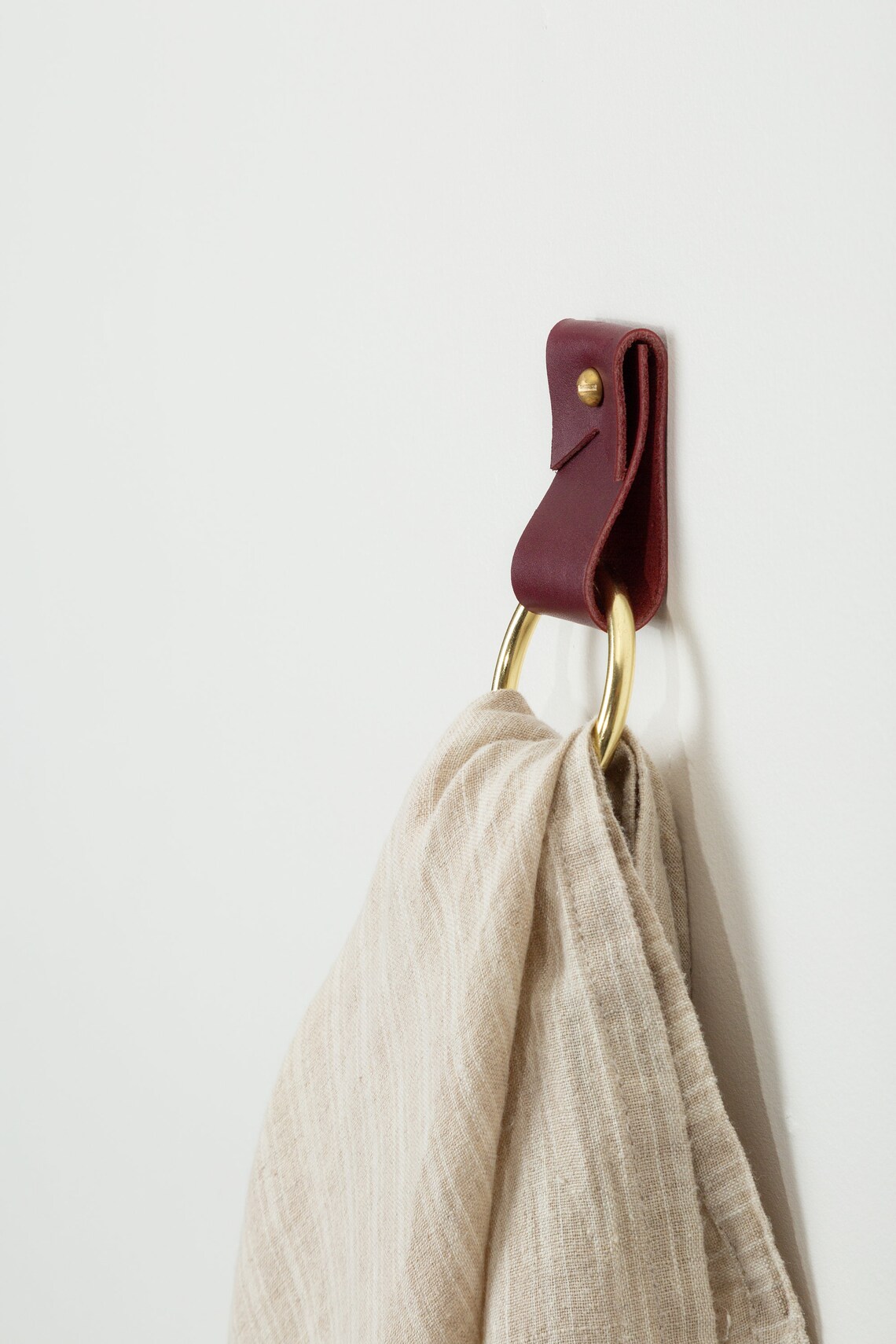 Small wide leather wall hanging strap gold towel ring hook | Etsy