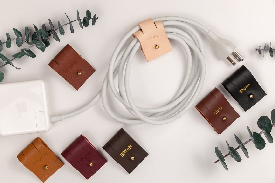 Large Custom Leather Cable Organizer Cord Keeper Monogram Cable Ties ...