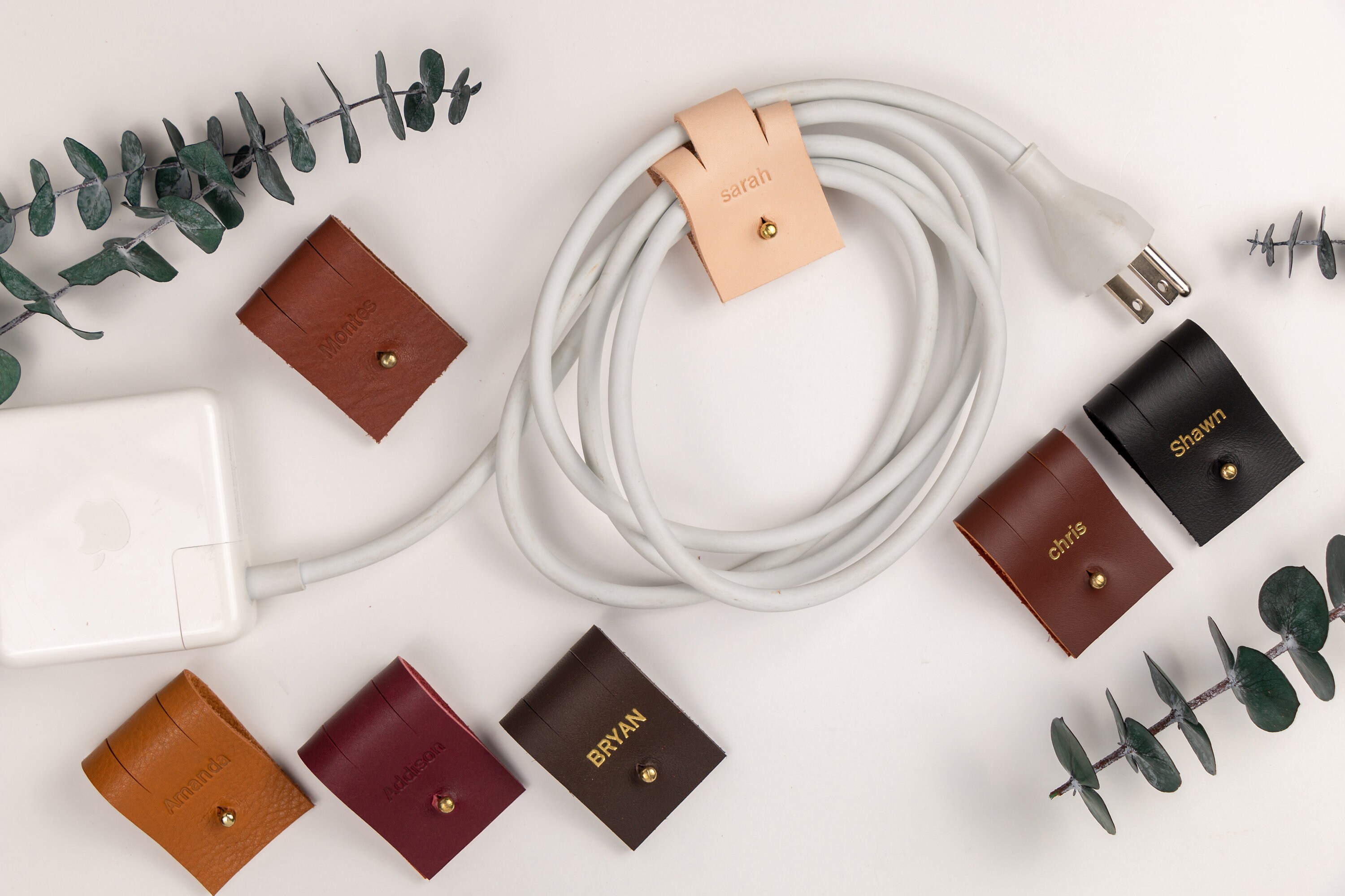 Large custom leather cable organizer cord keeper monogram | Etsy