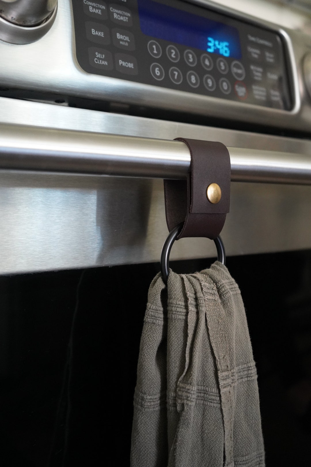 Leather & Metal Towel Ring Holder for Kitchen - Oven Door Handle Towel ...
