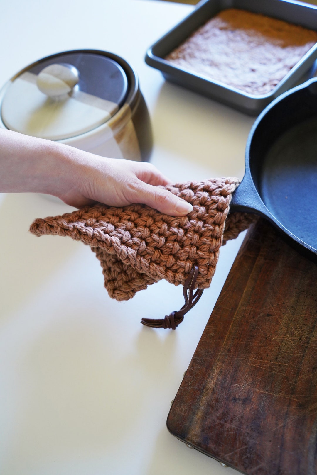 Hand Dyed Organic Cotton Potholder Handmade Crochet Removable Leather ...