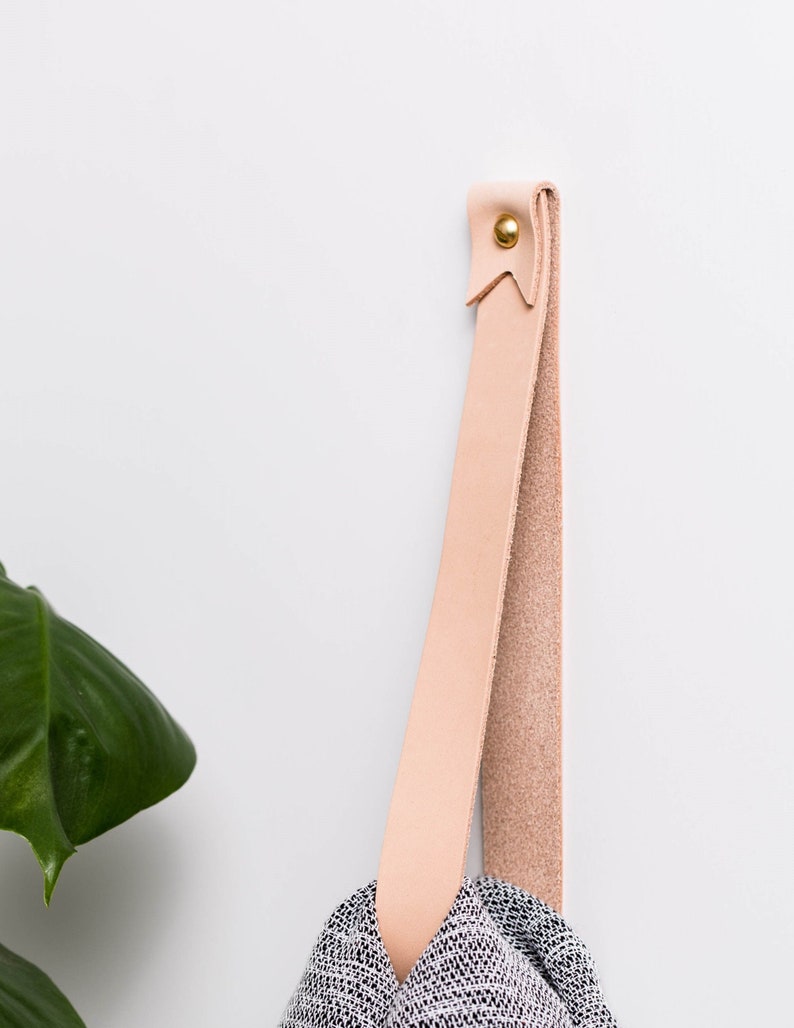Large minimalist leather display strap hanger for bathroom | Etsy
