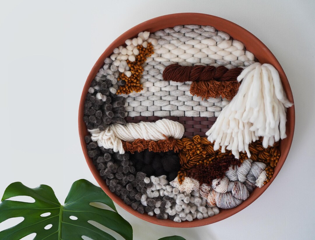 Large Round Terracotta Clay Framed Weaving With Textured Rust and Gray ...