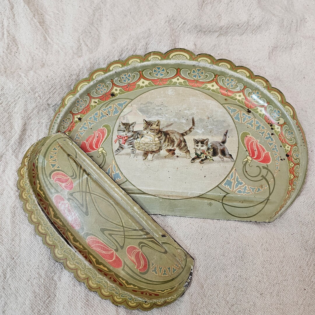Rare Antique 1910's Art Deco Tin Crumb Tray Set Helena Maguire Cats Carrying Basket - Etsy