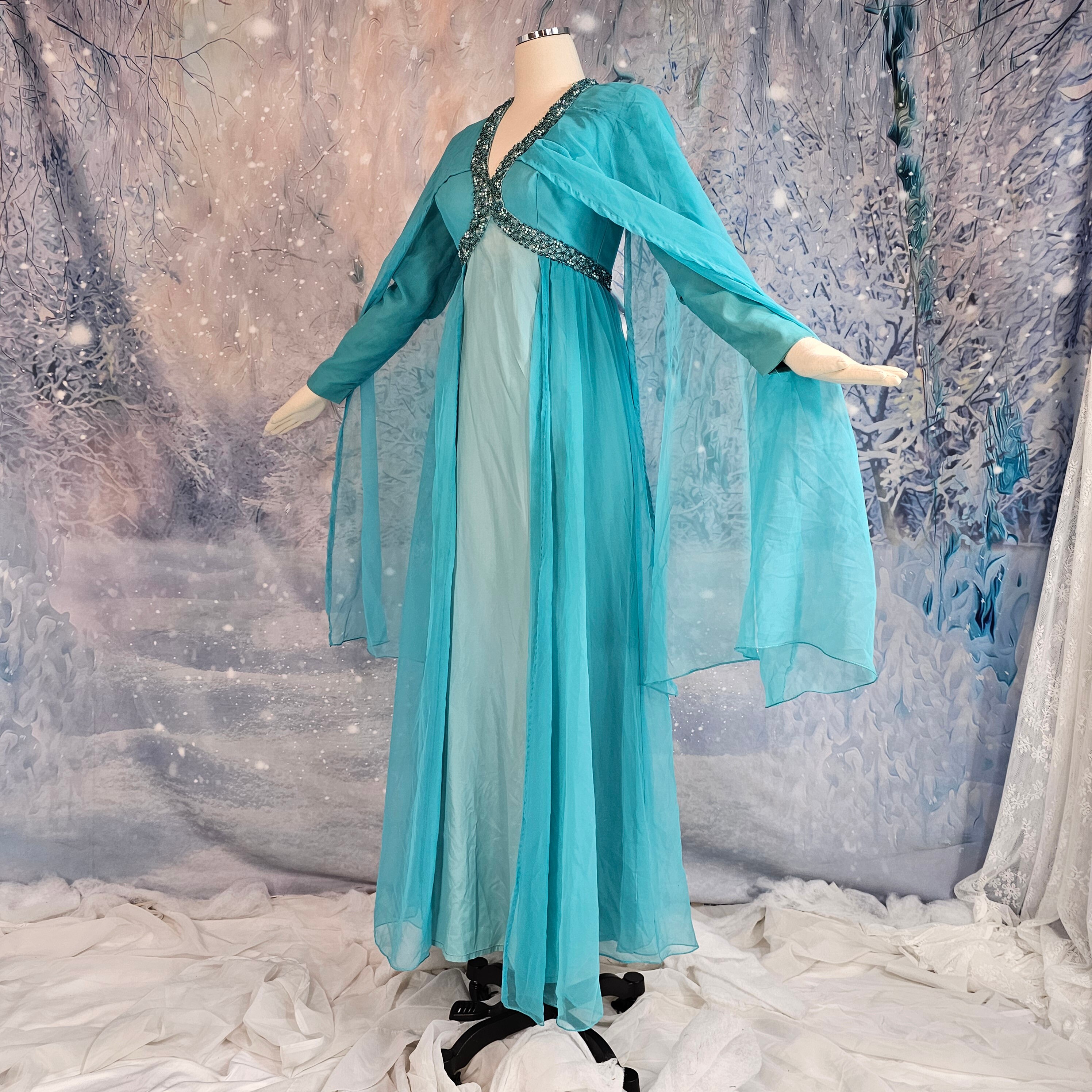 Vintage 1970s Dress Princess Diva Beaded Chiffon Capelet Sleeve Teal ...