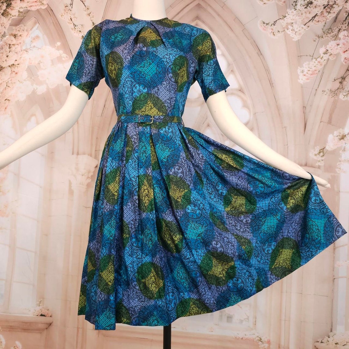 Vintage 1950s Blue Stained Glass Green Dress Gown Fit & Flare Silk ...