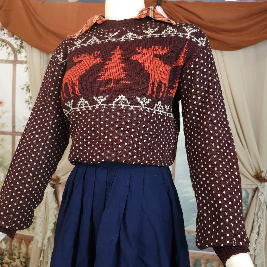 Vintage 1959s Burgundy Red Knit Sweater Moose Fair Isle RARE Moose Pine ...