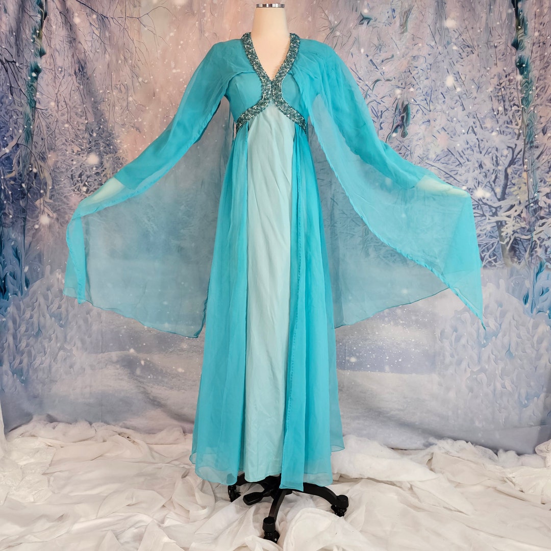 Vintage 1970s Dress Princess Diva Beaded Chiffon Capelet Sleeve Teal ...
