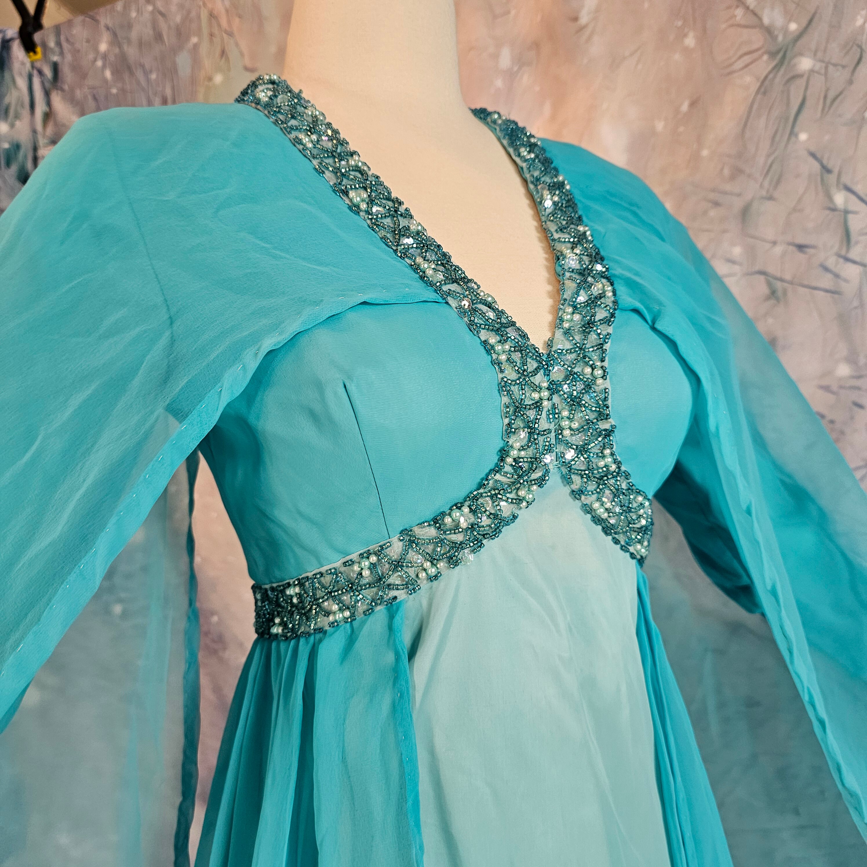 Vintage 1970s Dress Princess Diva Beaded Chiffon Capelet Sleeve Teal ...