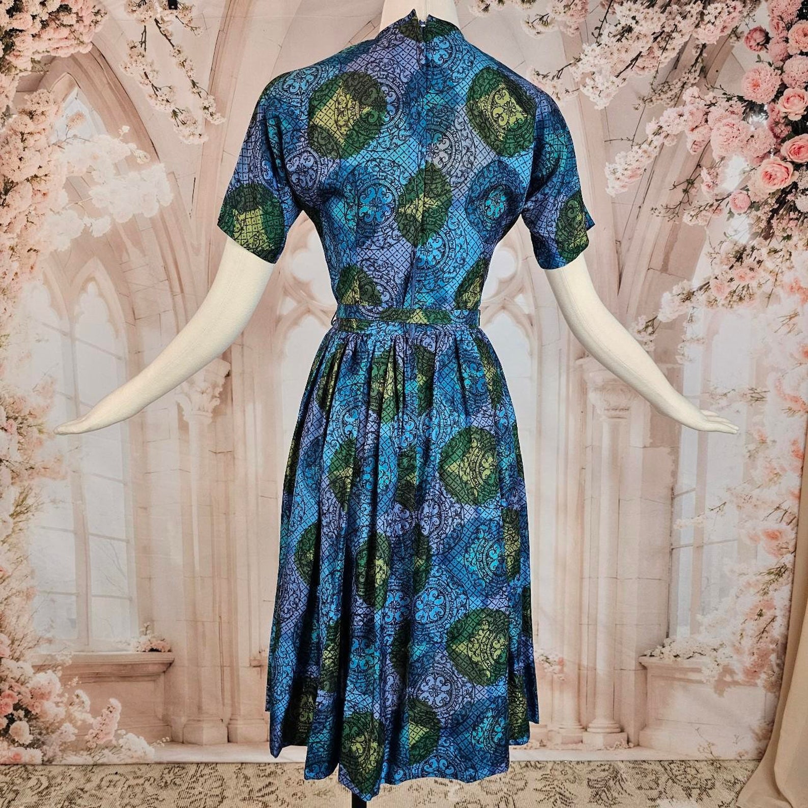 Vintage 1950s Blue Stained Glass Green Dress Gown Fit & Flare Silk ...