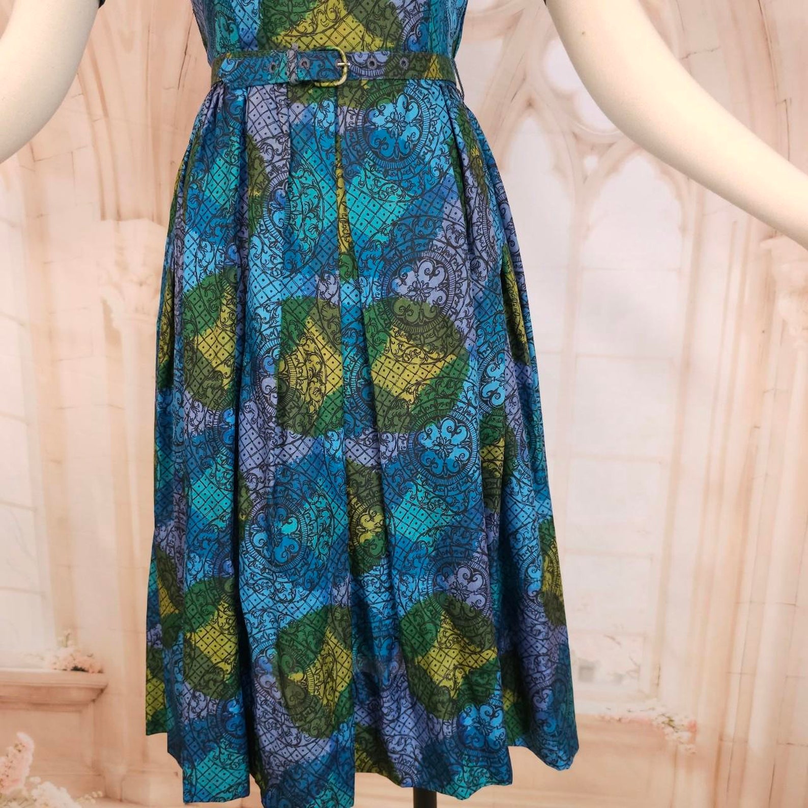 Vintage 1950s Blue Stained Glass Green Dress Gown Fit & Flare Silk ...