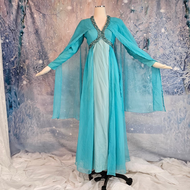 Vintage 1970s Dress Princess Diva Beaded Chiffon Capelet Sleeve Teal ...