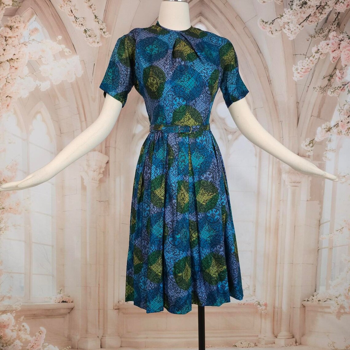 Vintage 1950s Blue Stained Glass Green Dress Gown Fit & Flare Silk ...