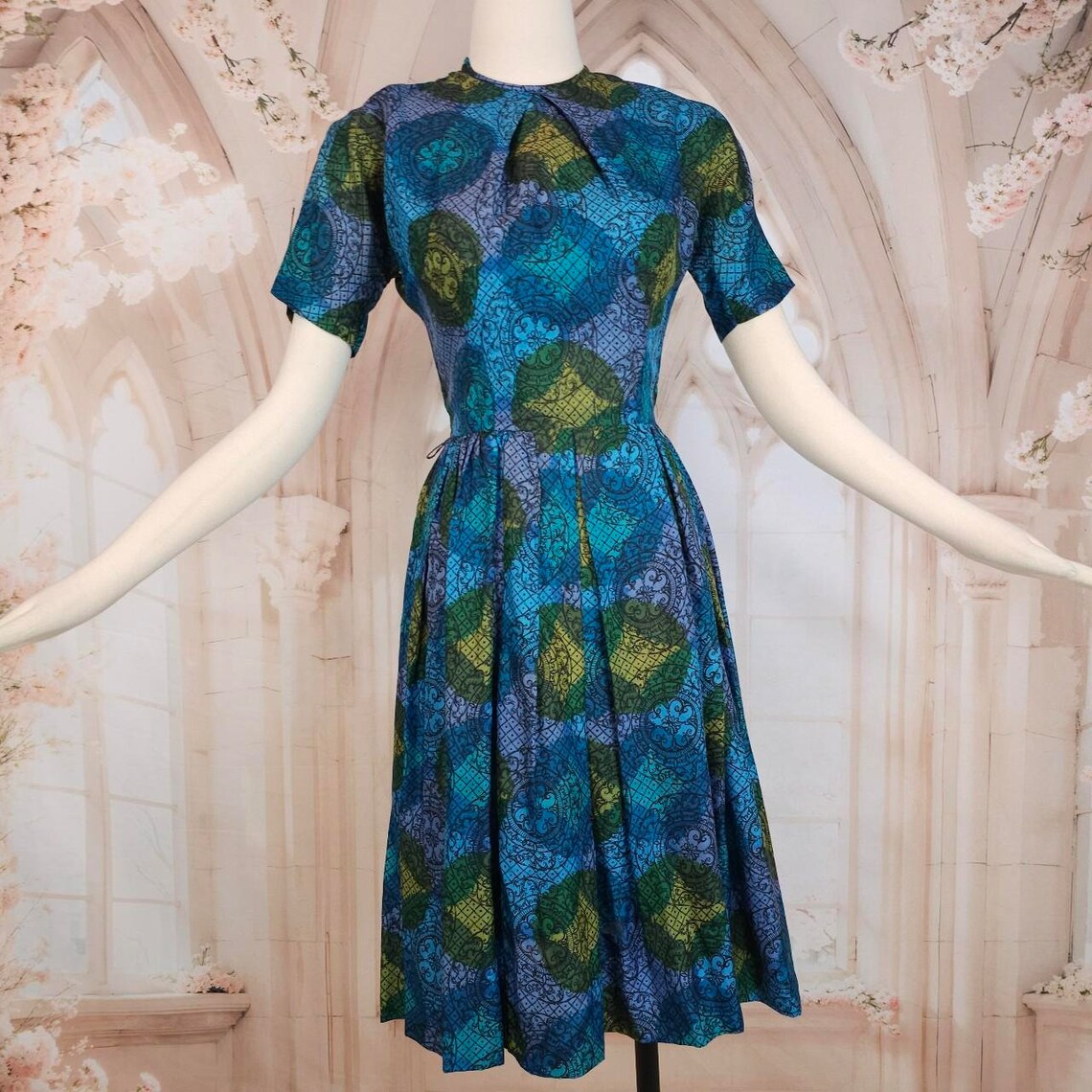 Vintage 1950s Blue Stained Glass Green Dress Gown Fit & Flare Silk ...