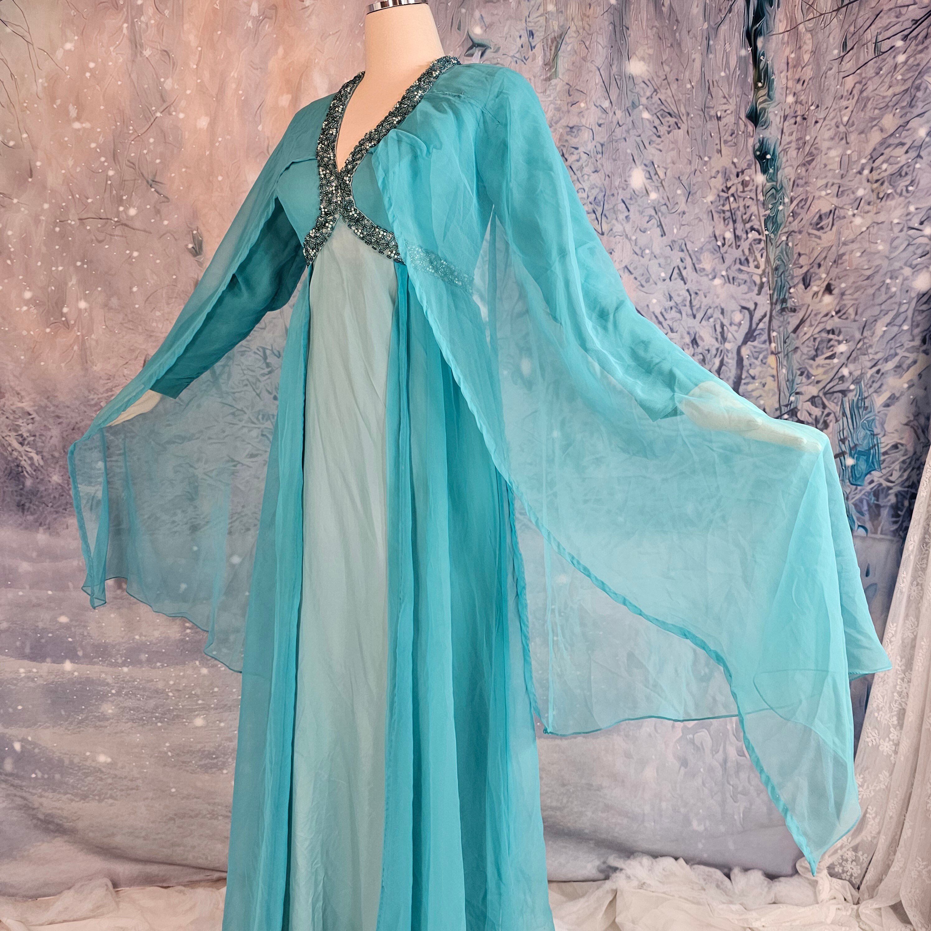 Vintage 1970s Dress Princess Diva Beaded Chiffon Capelet Sleeve Teal ...