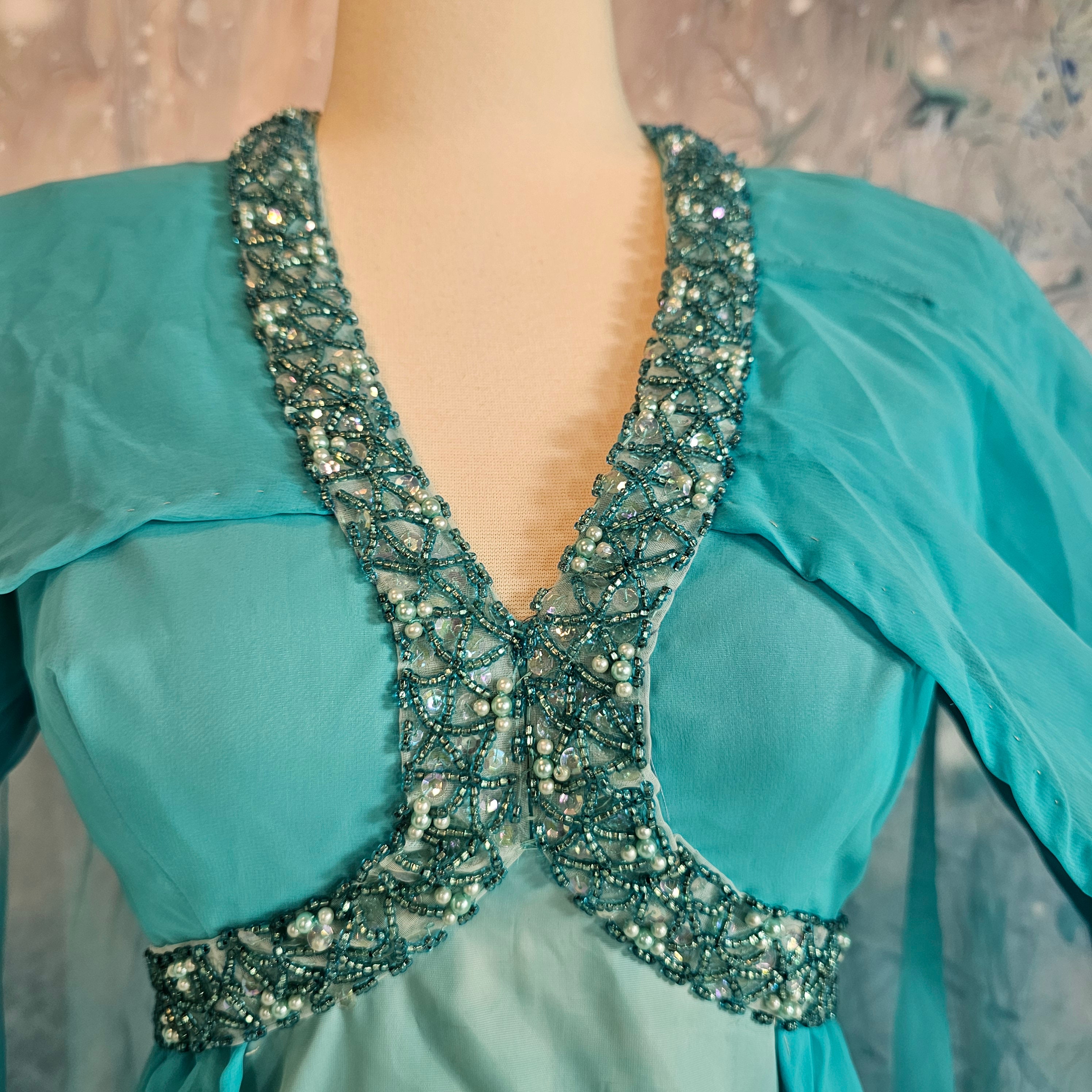 Vintage 1970s Dress Princess Diva Beaded Chiffon Capelet Sleeve Teal ...