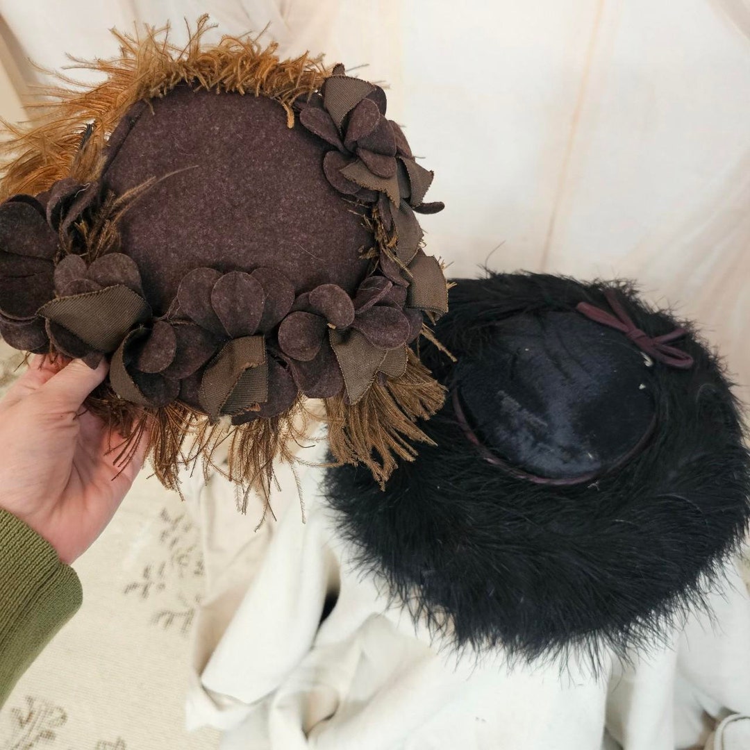Antique Vintage Ostrich Feather Hat Lot of 2 Brown & Black Early 1900s ...
