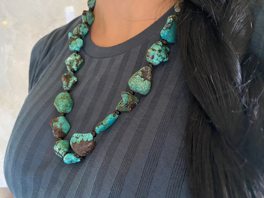 Bold Antique Chinese Turquoise Beaded Necklace Stunning Freeform Chunky ...